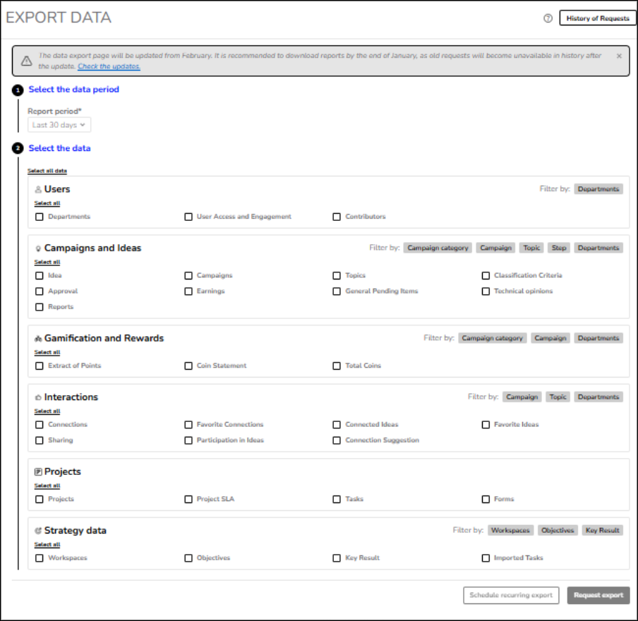 New Feature — Data Export: New selection flow, scheduling, and history ...
